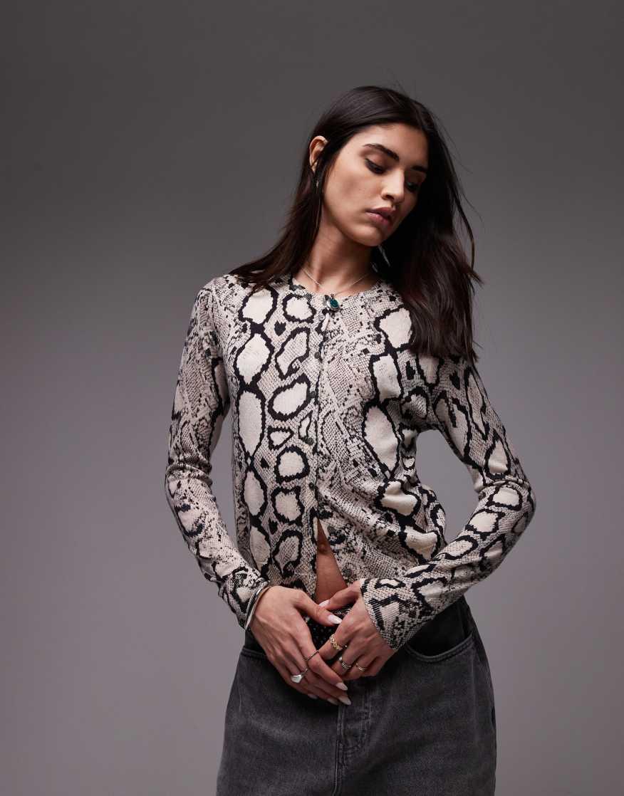 ALLSAINTS Anouk Snake Print Cardigan in flow ecru white | endource