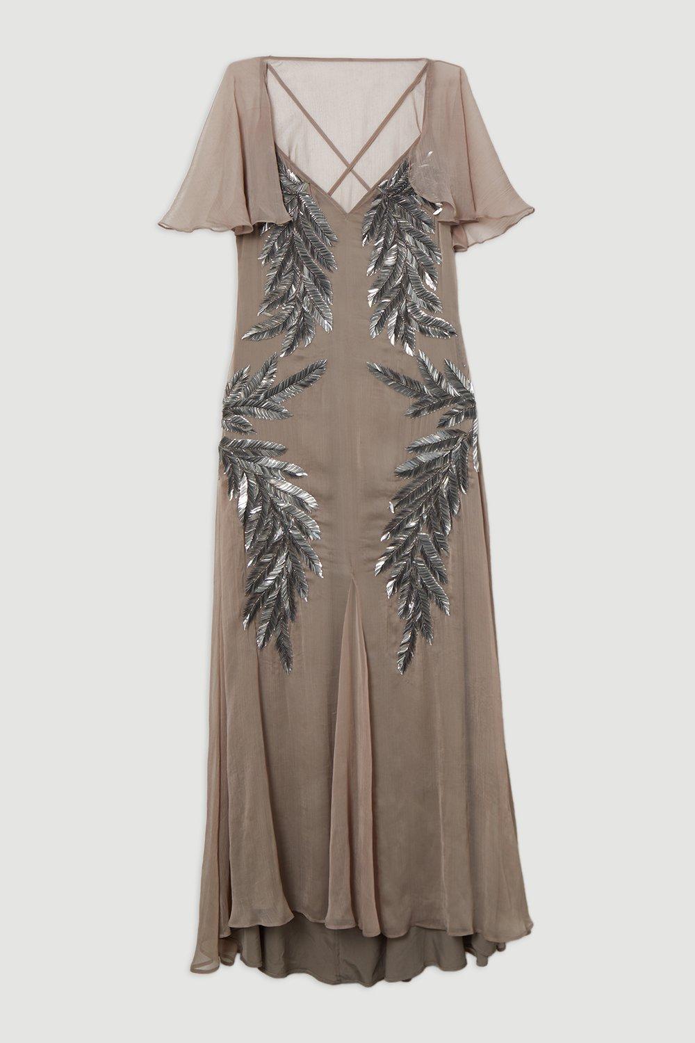 KAREN MILLEN Feather Embellished Cape Sleeve Maxi Dress in Taupe | endource