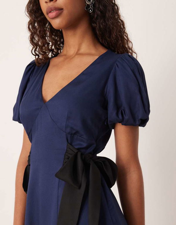 NOBODY'S CHILD Remi V Neck Puff Sleeve Bow Side Mini Dress In Blue ...