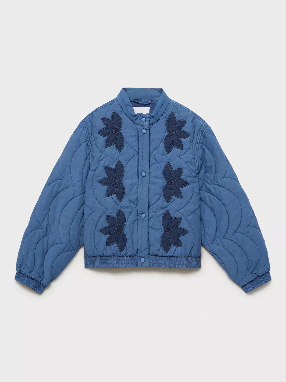 MANGO Puzzle Embroidered Quilted Bomber Jacket in Blue/Multi | endource