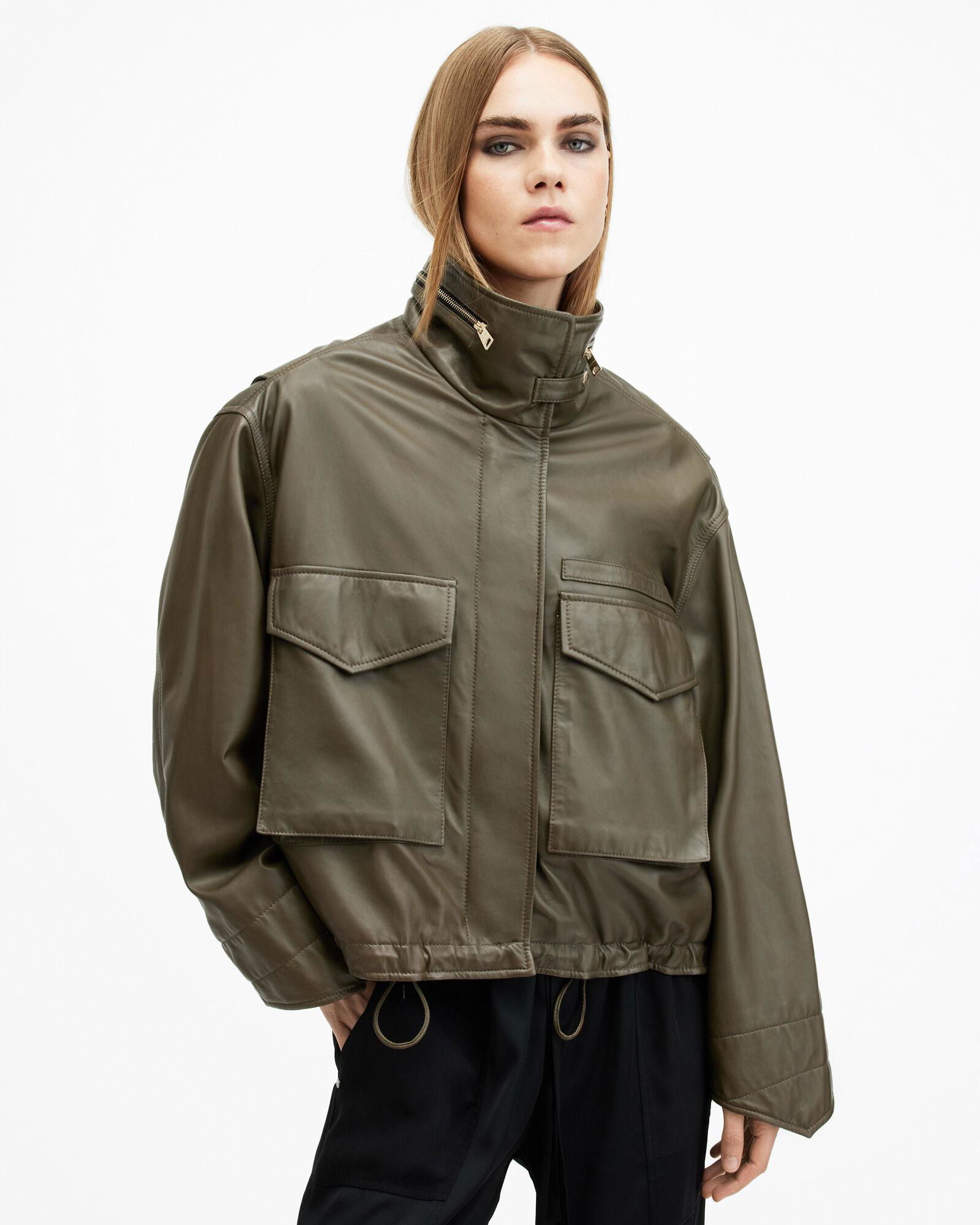 ALLSAINTS Clay Funnel Neck Cropped Leather Jacket in Khaki Green | endource