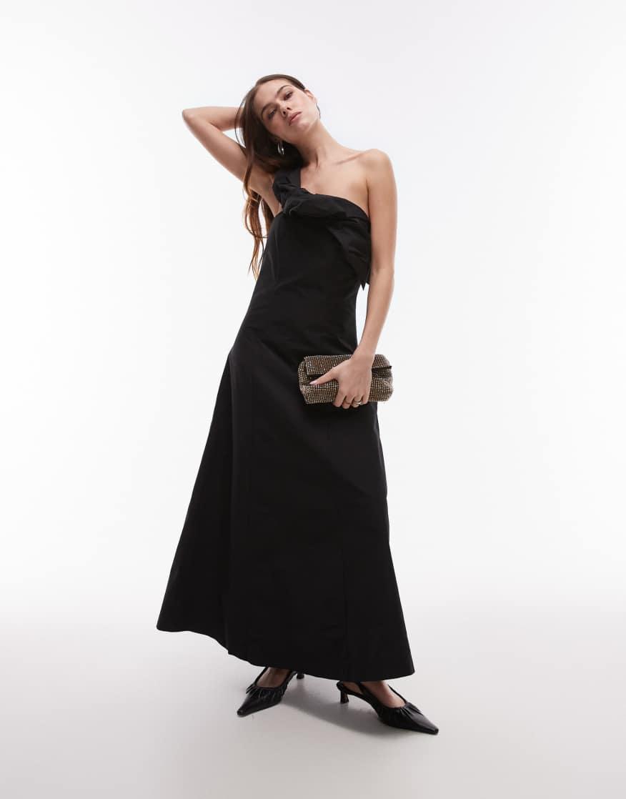 ARKET One Shoulder Maxi Dress With Corset And Twisted Strap Detail in BLACK | endource