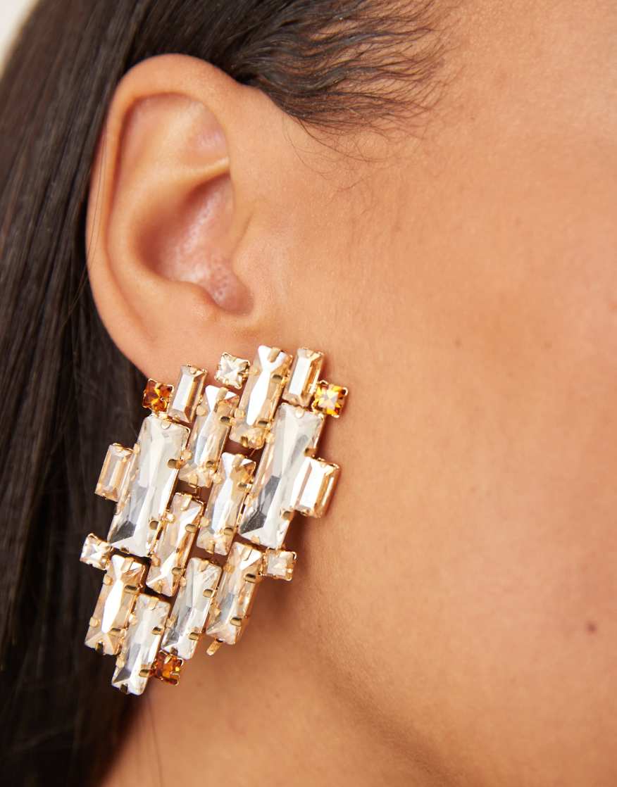 MANGO Textured Rhinestone Stud Earrings In Gold | endource