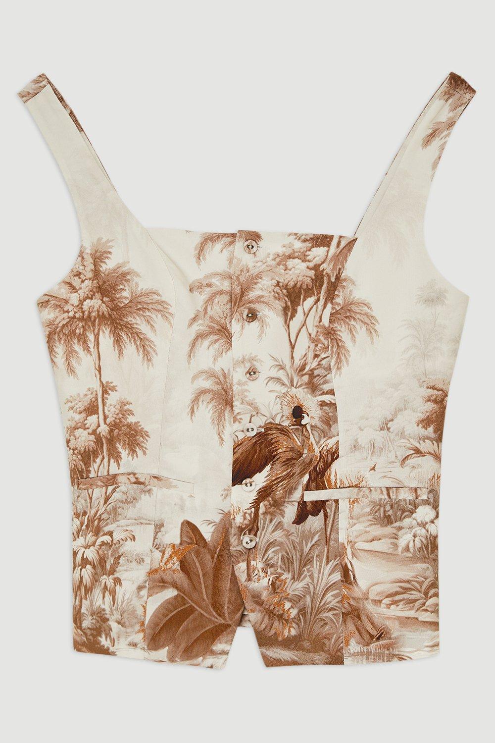 KAREN MILLEN Viscose Linen Scenic Placed Print Strappy Top | endource