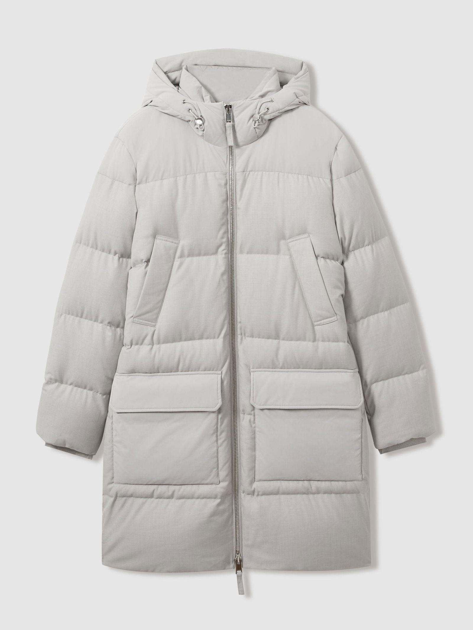 REISS Quilted Longline Puffer Jacket in Grey | endource
