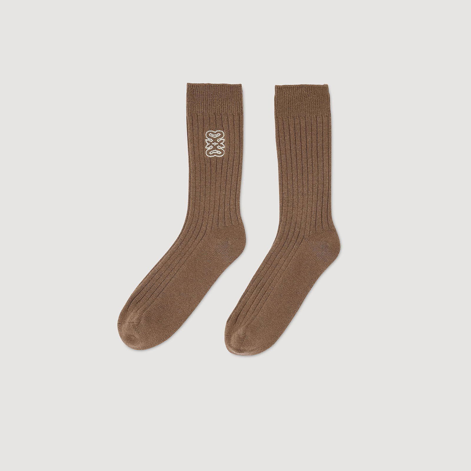 SANDRO Embroidered Cashemere Socks in Beige | endource