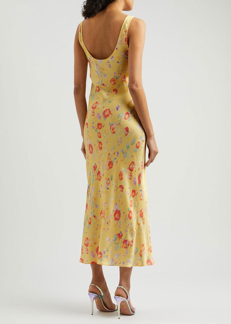 RIXO Bondi Floral Satin Midi Slip Dress | endource