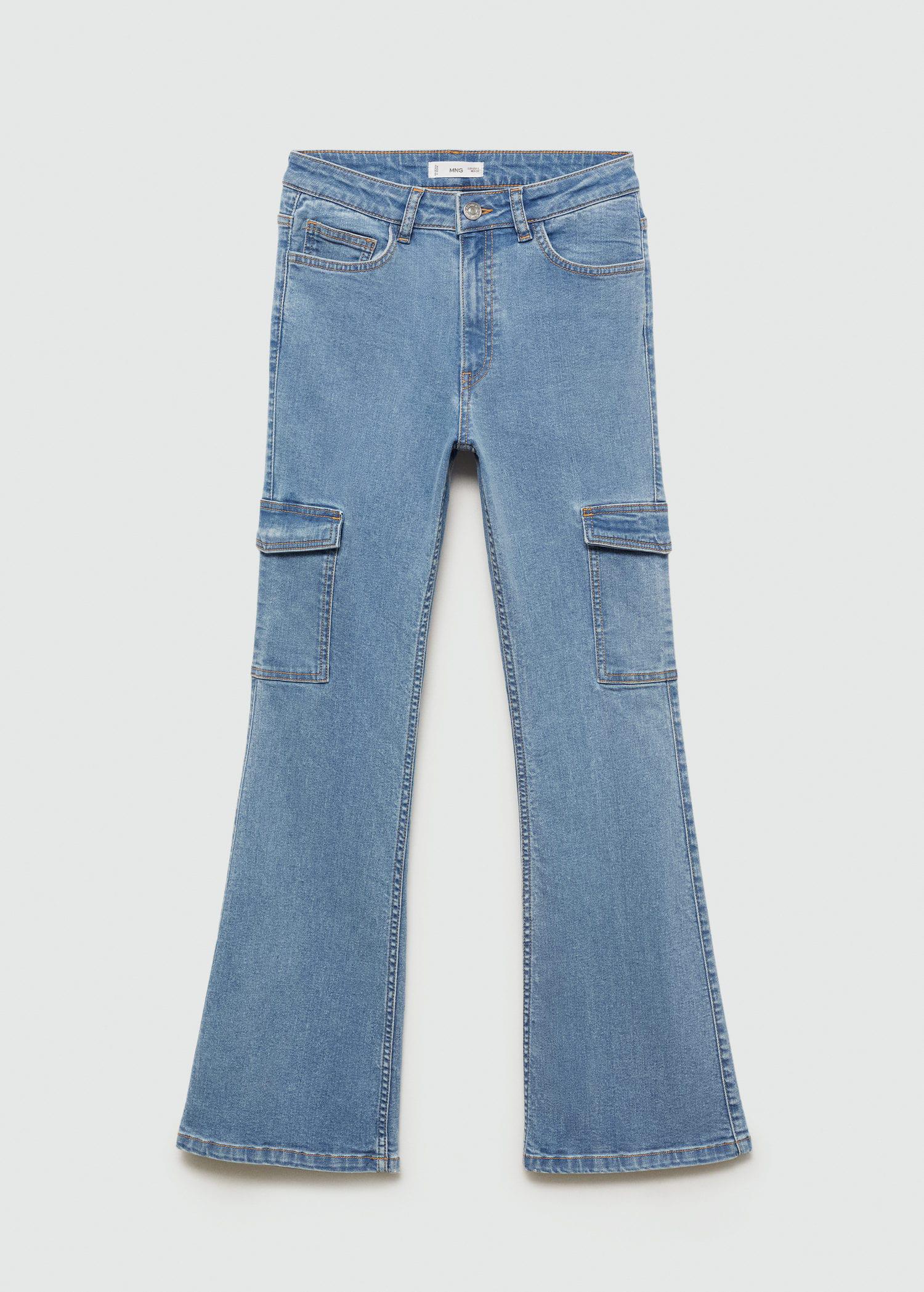 MANGO Flared Cargo Jeans in Medium Blue | endource