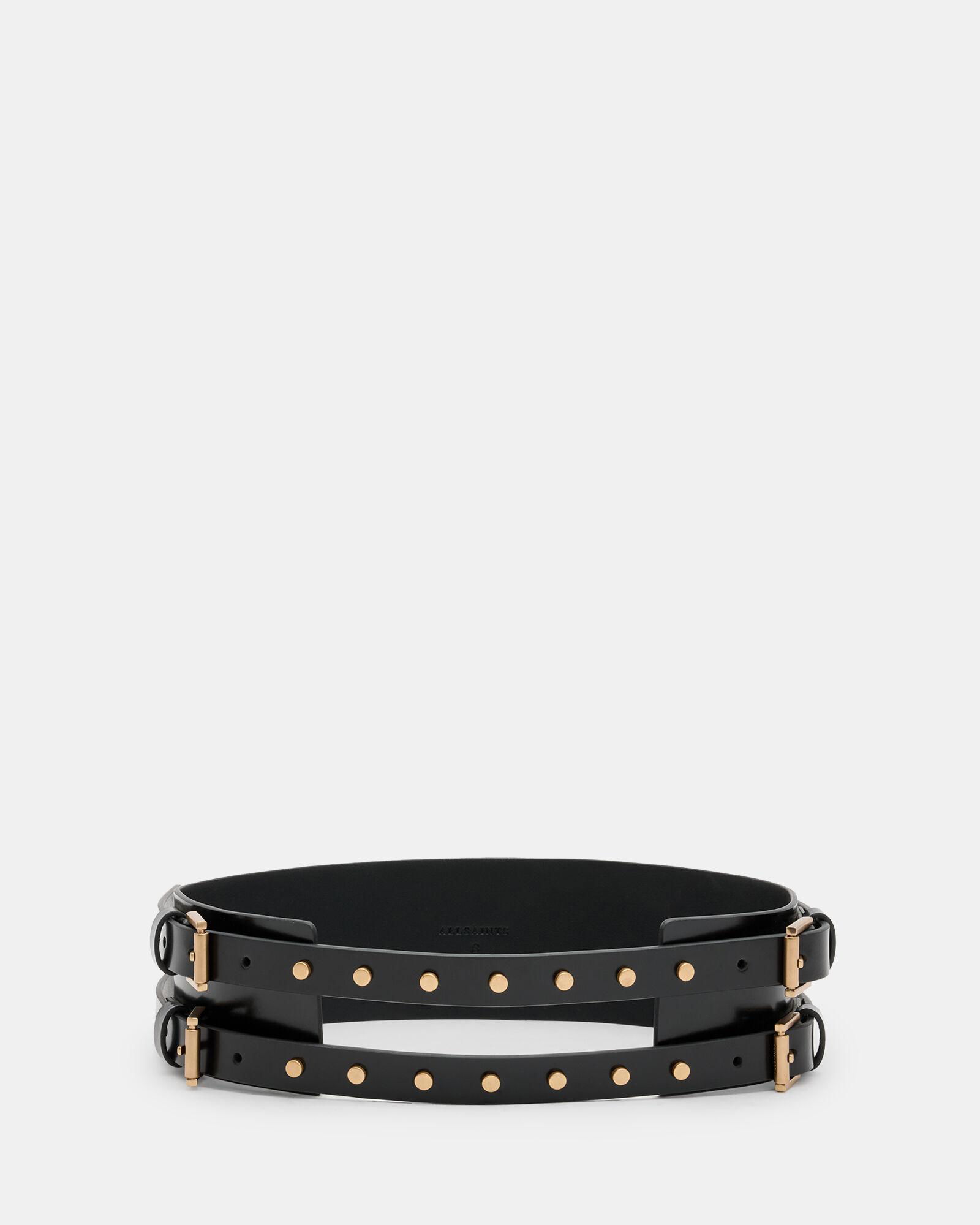 ALLSAINTS Elodie Double Buckle Leather Waist Belt in PATENT BLACK/BRASS | endource