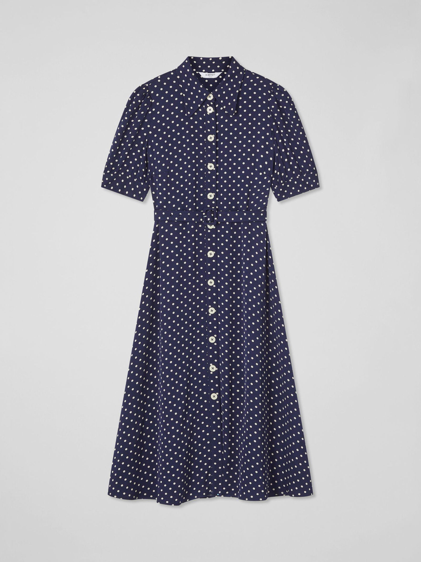 L.K. BENNETT Valerie Spot Print Shirt Midi Dress in Navy/Cream | endource