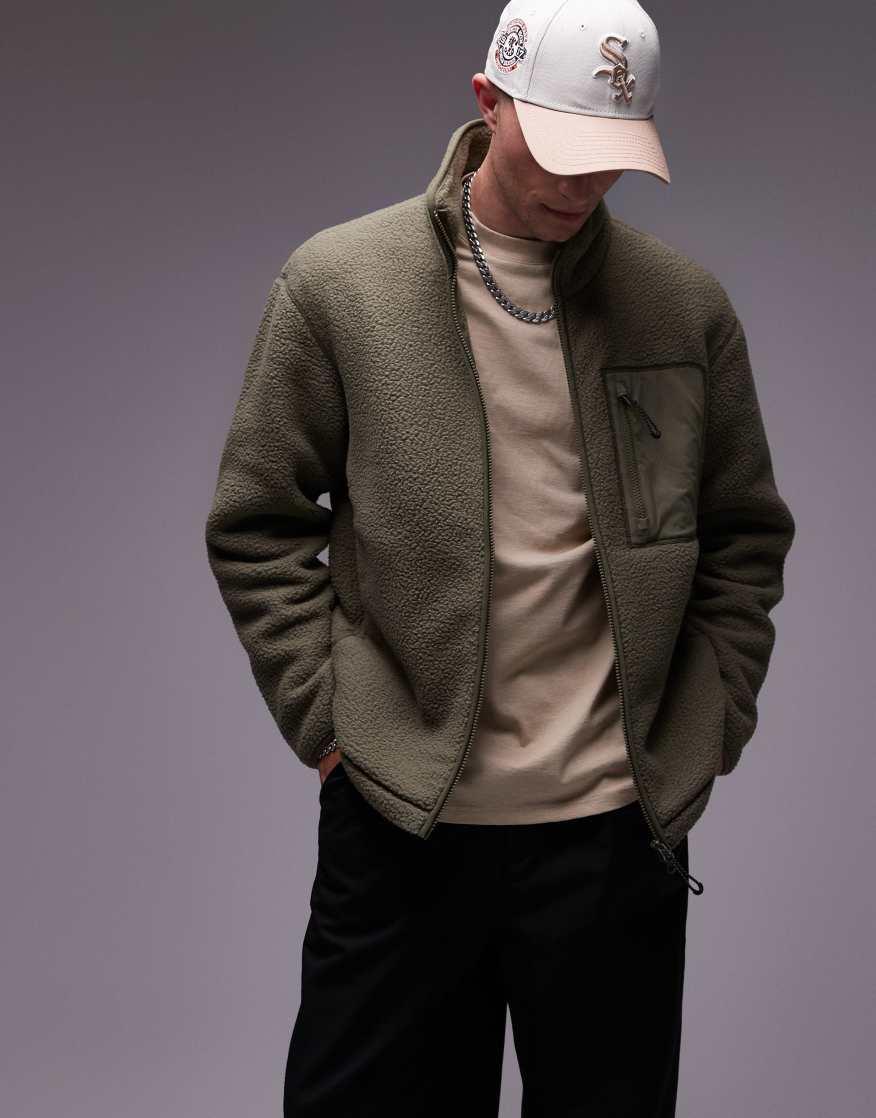 ARKET Fleece Pile Jacket With Two-Way Zip in Khaki | endource