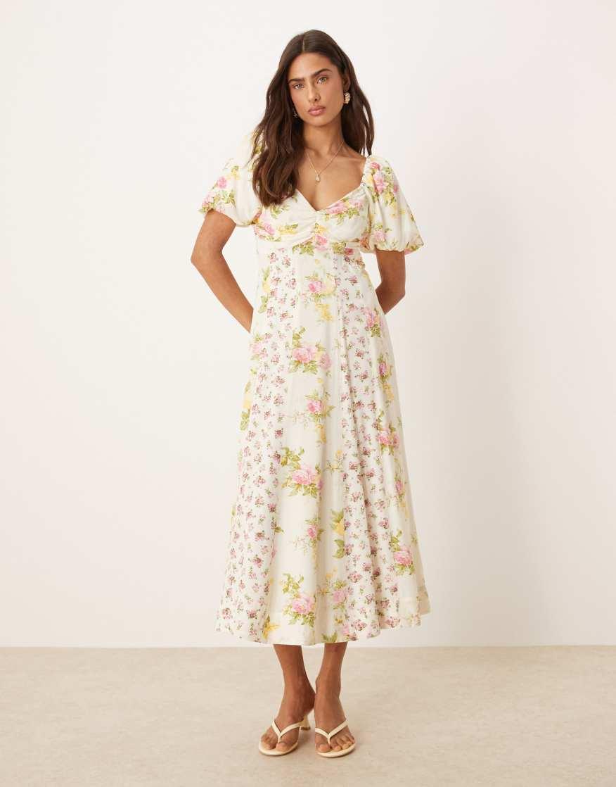 NOBODY'S CHILD Peony Milkmaid Midi Dress in Cream Floral | endource