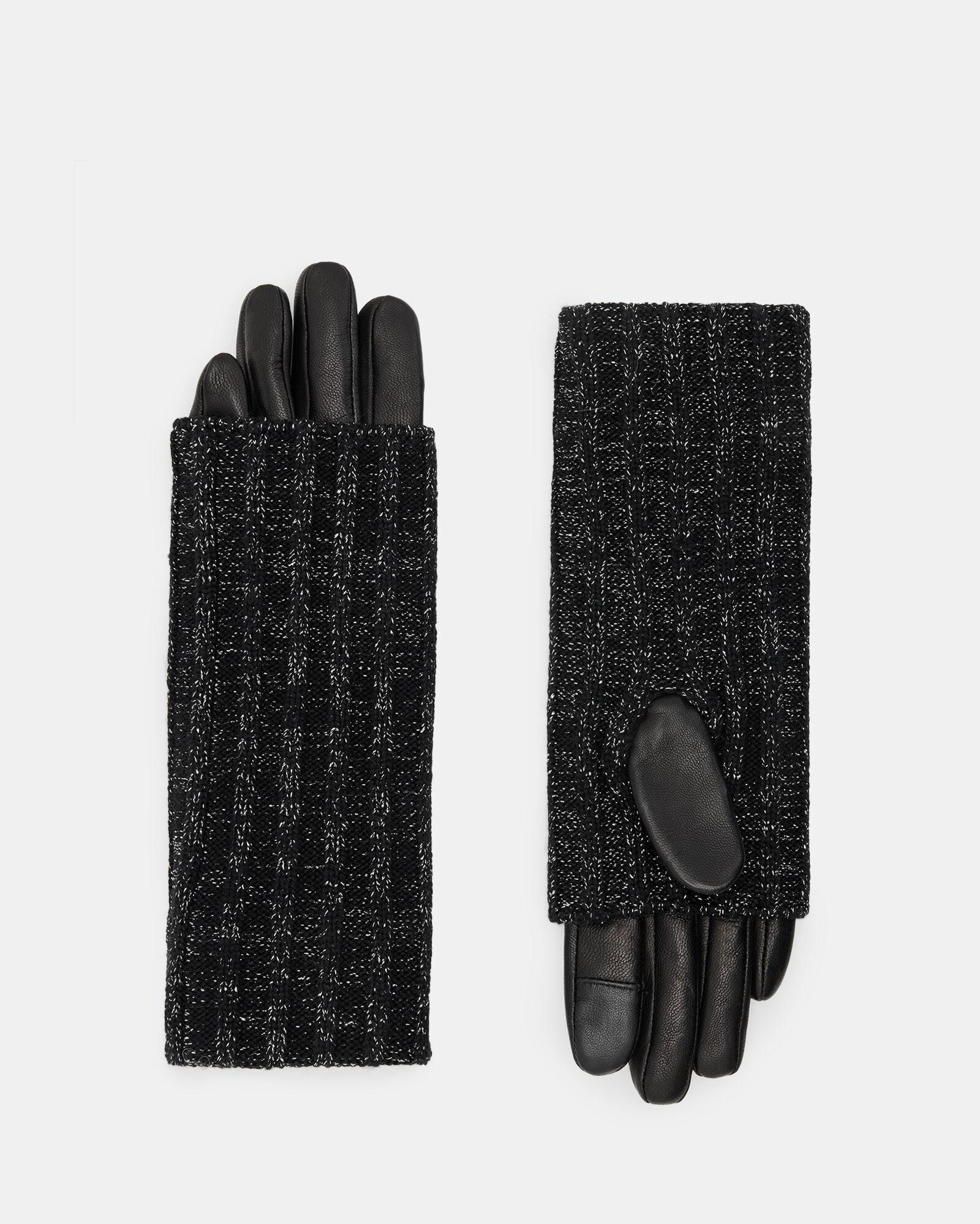 ALLSAINTS Zoya Knitted Cuff Leather Gloves in Black/Gunmetal | endource