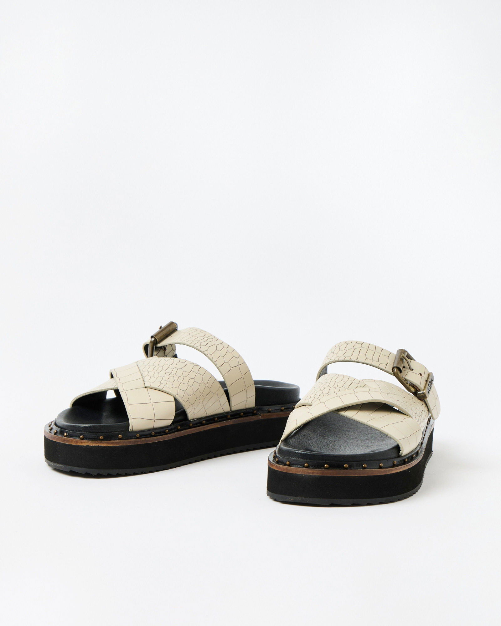 ASRA Megan Croc Leather Crossover Sandals in White | endource