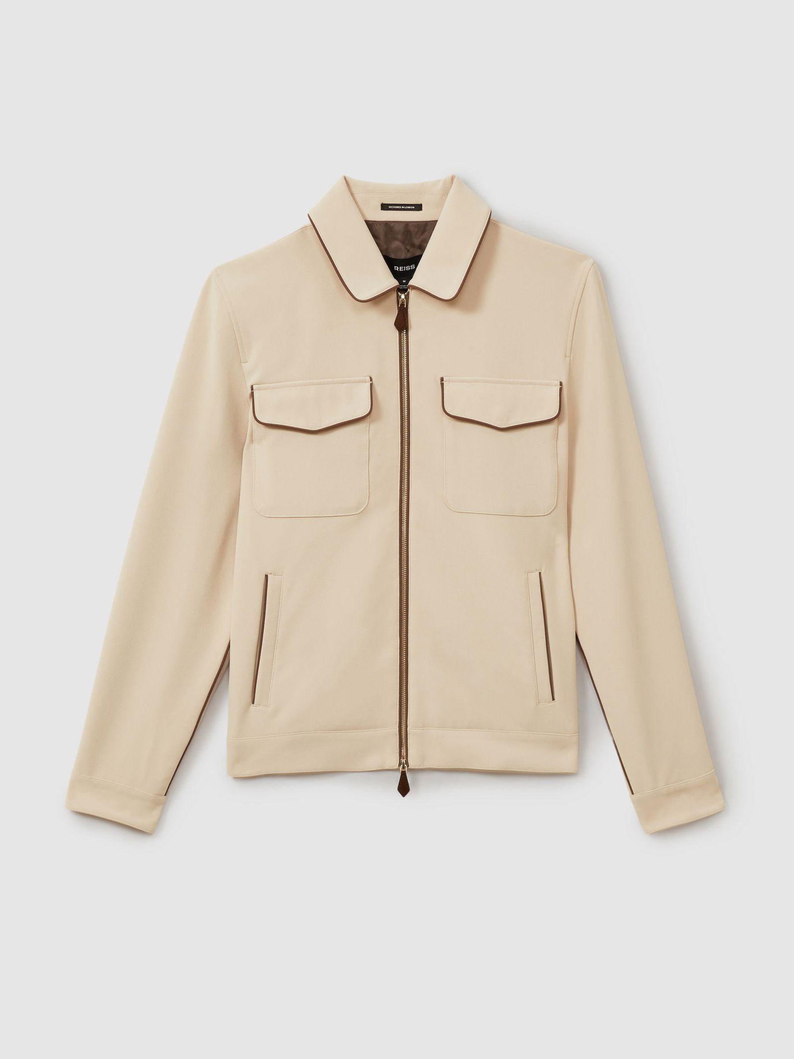 REISS Relaxed Contrast Pipe Detail Jacket in Ecru/Brown Stripe | endource