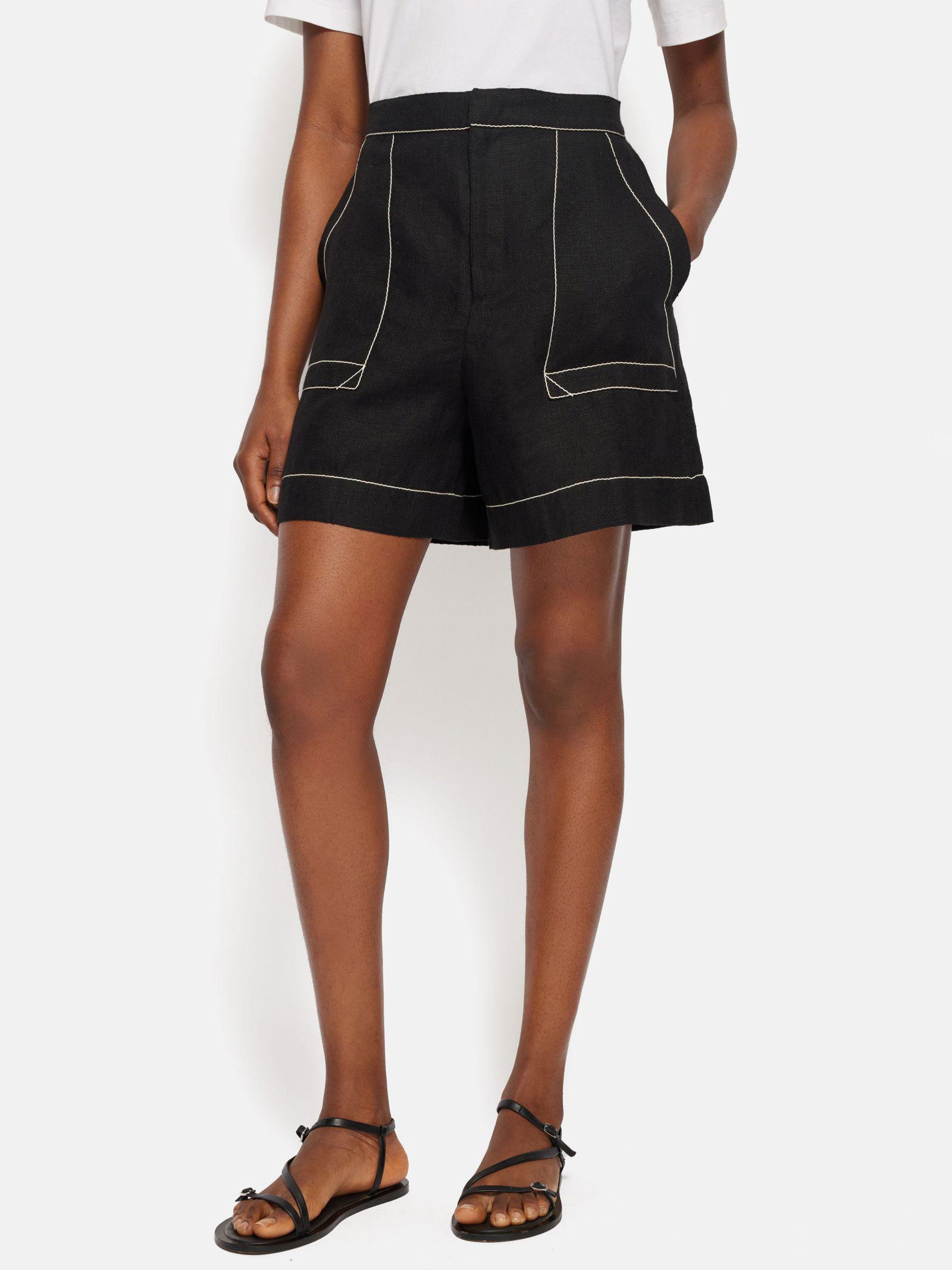 JIGSAW Contrast Stitch Linen Shorts in Black | Endource