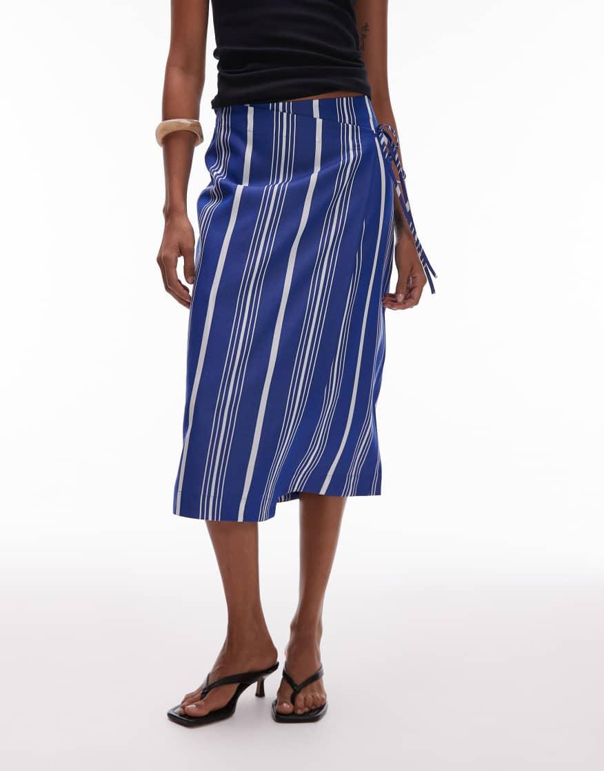 ARKET Linen Wrap Beach Midi Skirt in Blue pinstripe | endource