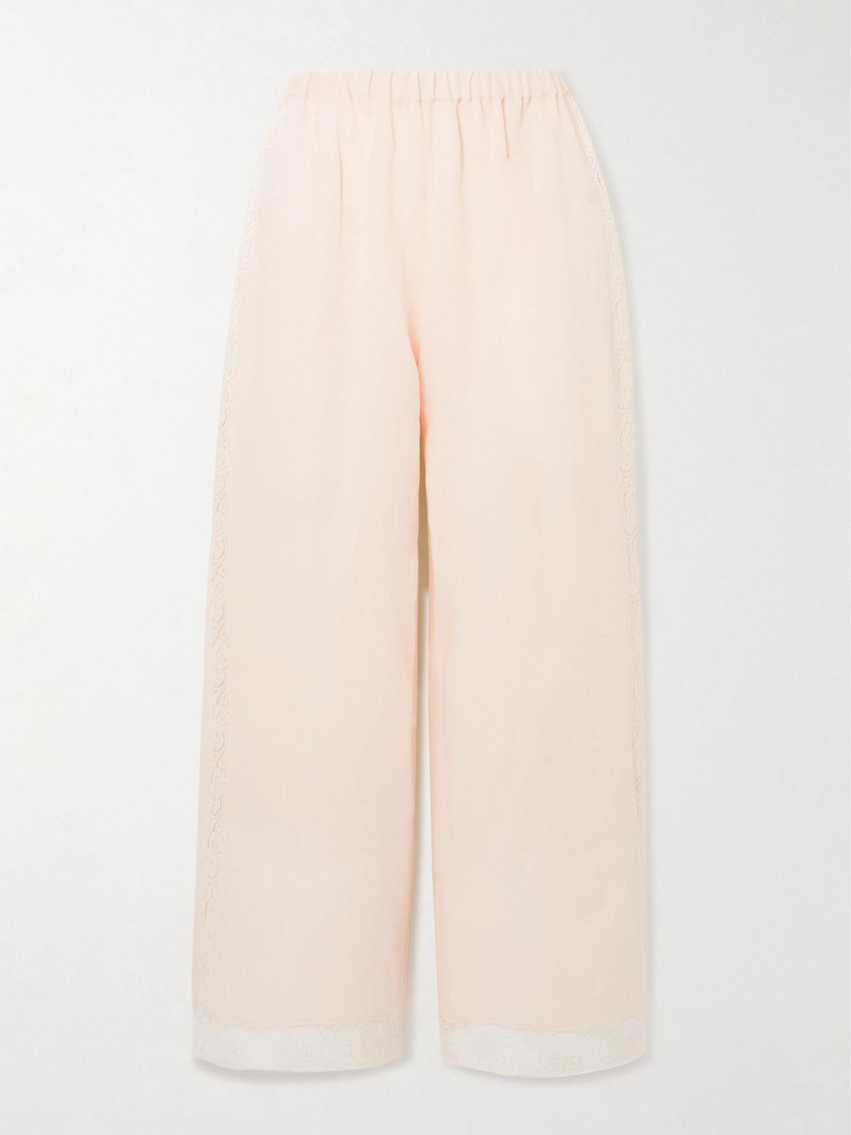 ERES Lagune Lace-Trimmed Linen Wide-Leg Pajama Pants in Pink | endource