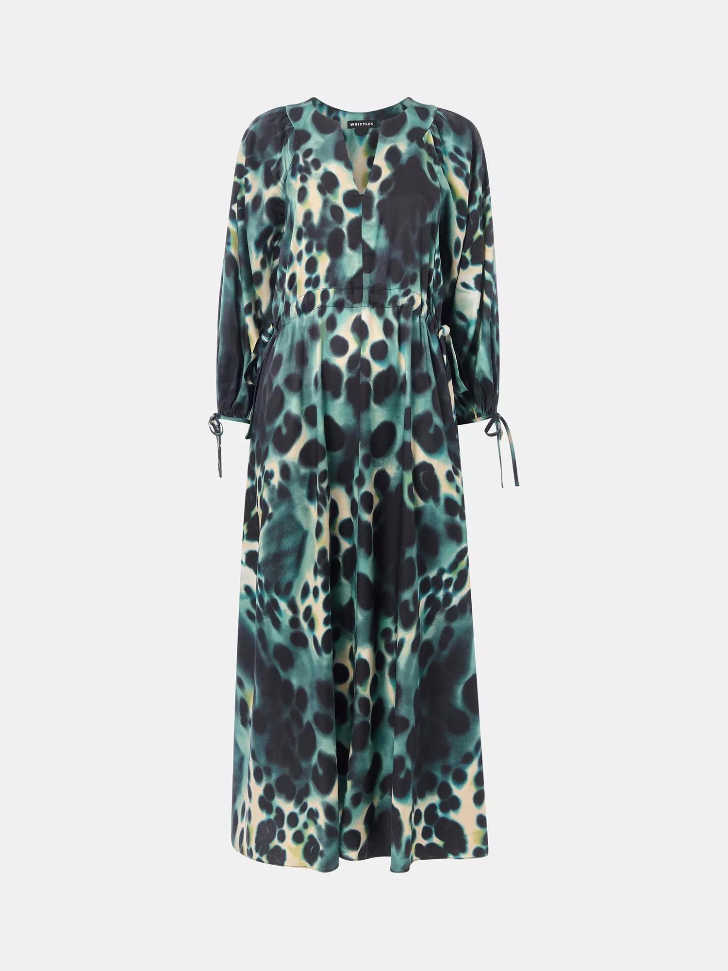 WHISTLES Misty Leopard Print Midi Dress in Green/Multi | endource