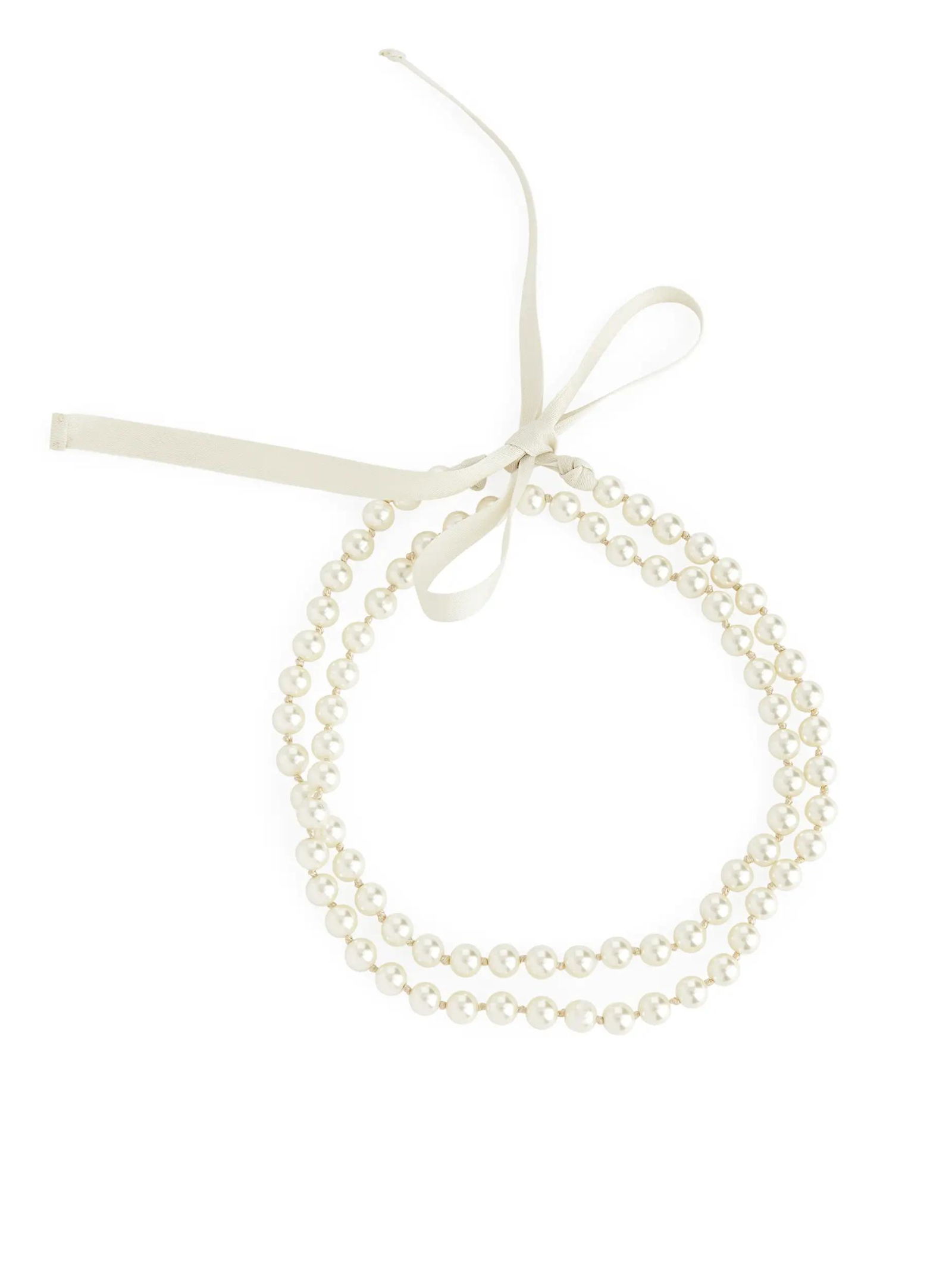 ARKET Pearl Ribbon-Tie Necklace in White | endource