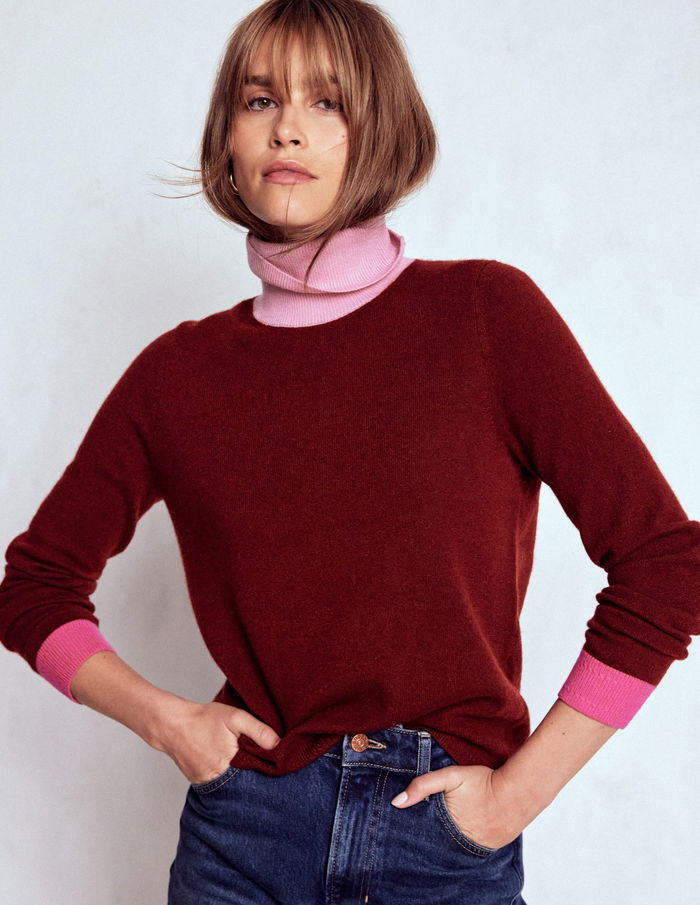BODEN Eva Cashmere Roll Neck Jumper-Chestnut, Colour Block | endource