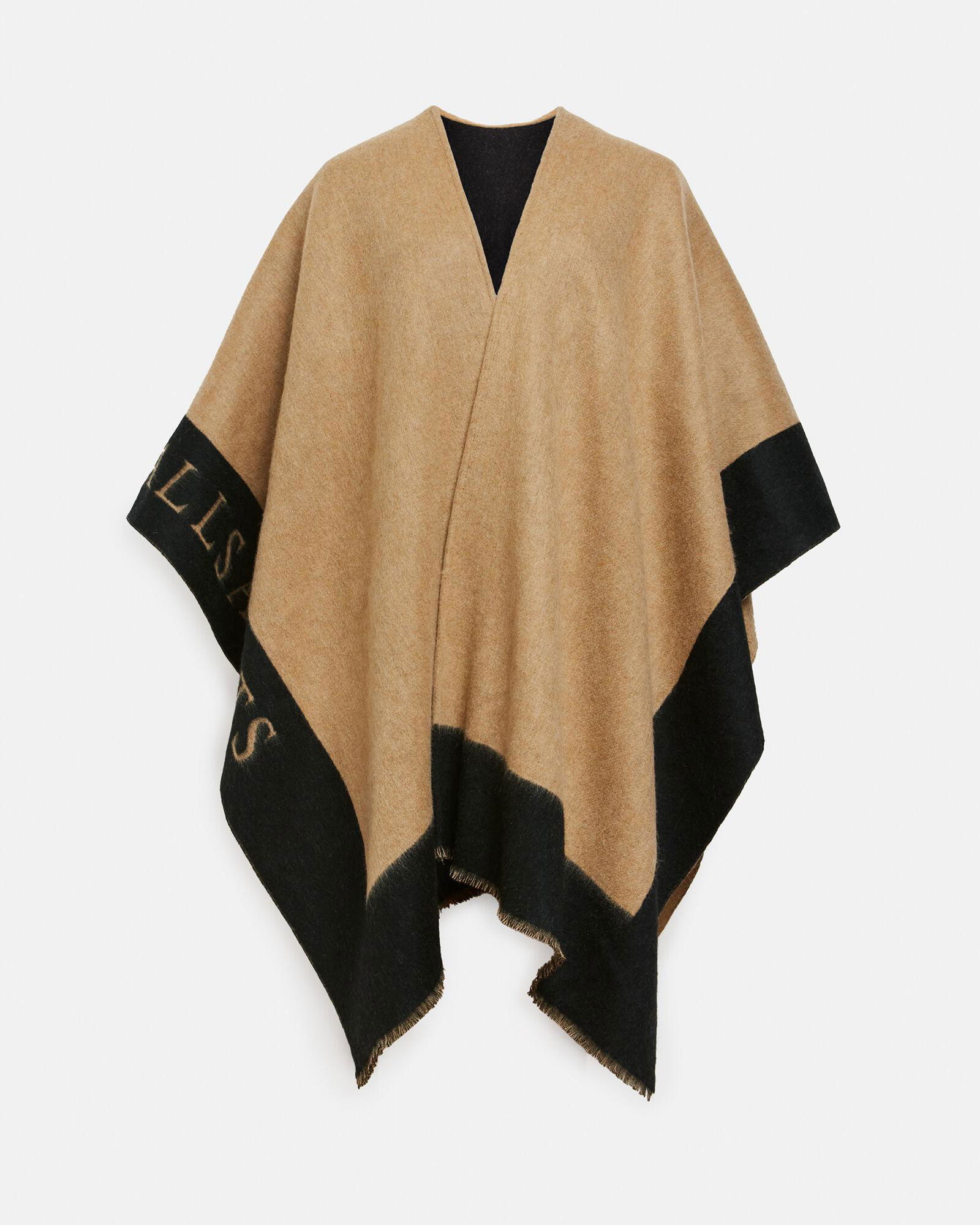 ALLSAINTS Saints Border Logo Wool Ruana Scarf in CAMEL/BLACK | Endource