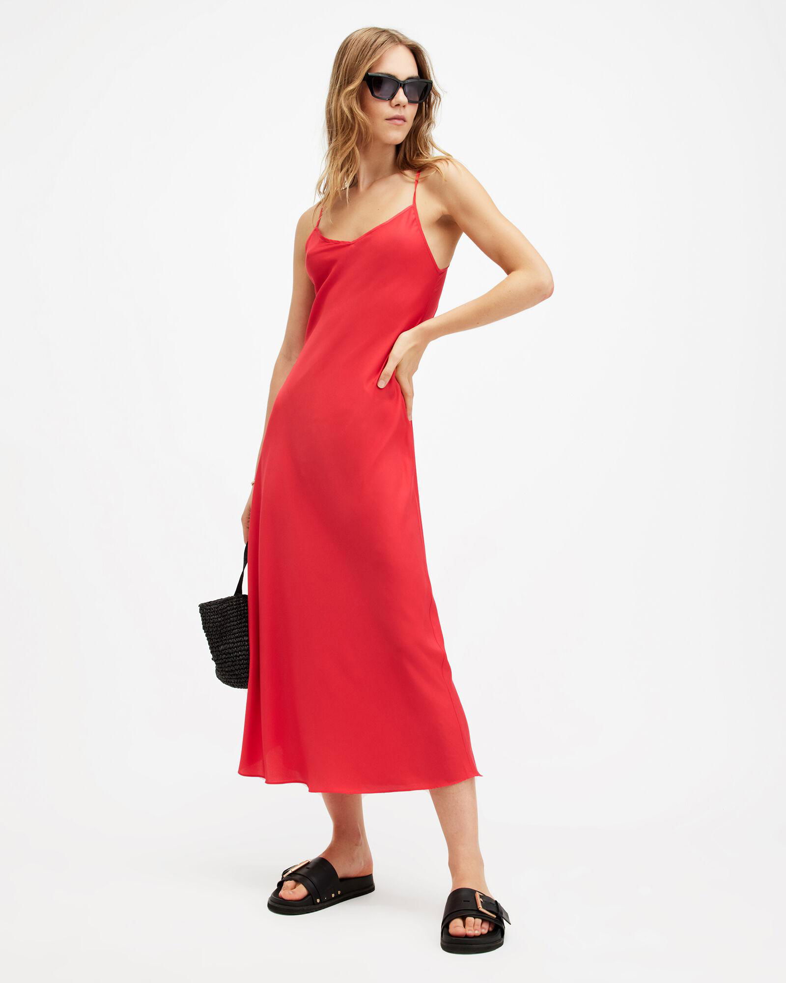 ALLSAINTS Bryony V-Neck Midi Slip Dress in Red | endource