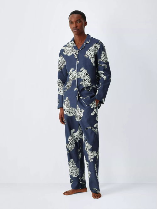 JOHN LEWIS Organic Cotton Tiger Print Pyjama Set, Blue Navy | endource