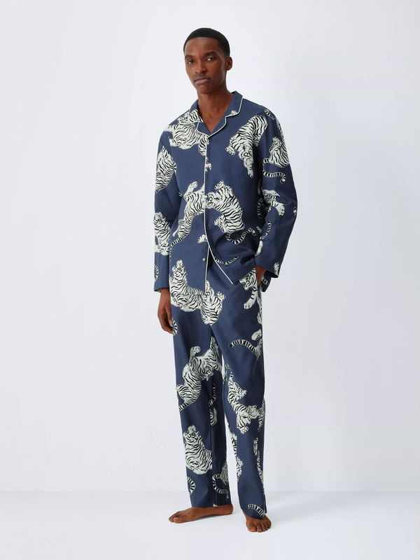 JOHN LEWIS Organic Cotton Tiger Print Pyjama Set, Blue Navy | endource