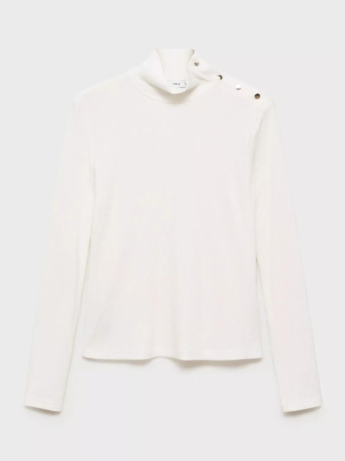 MANGO Betty Ribbed Button Shoulder Top in White | endource