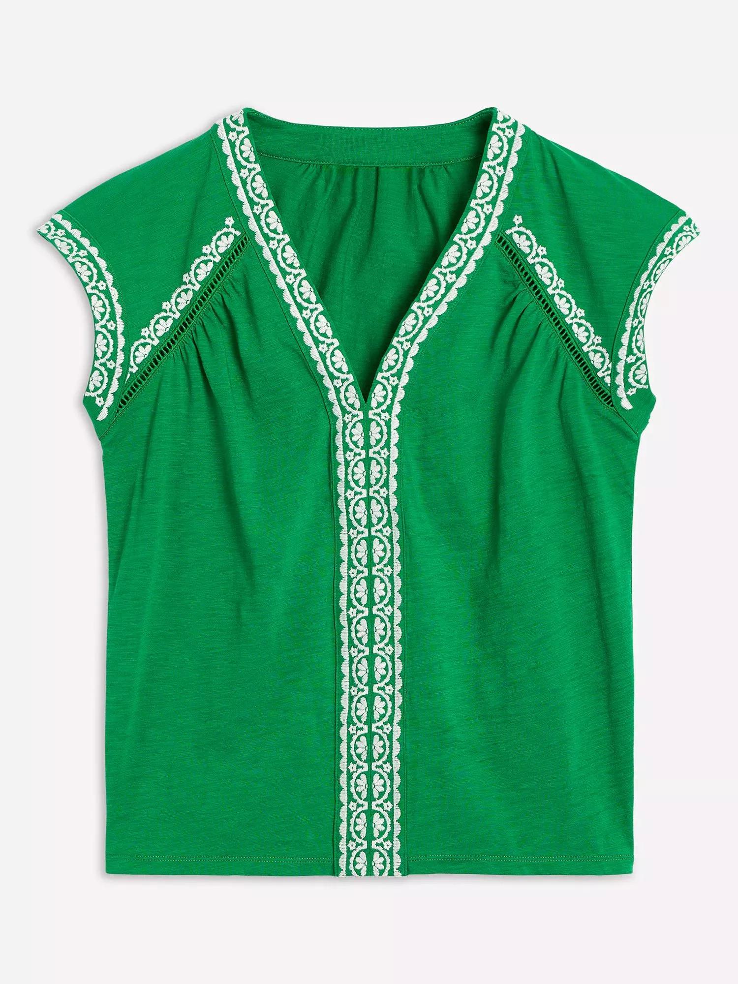 BODEN Hazel Sleeveless Embroidered Cotton Top in Rich Emerald | endource