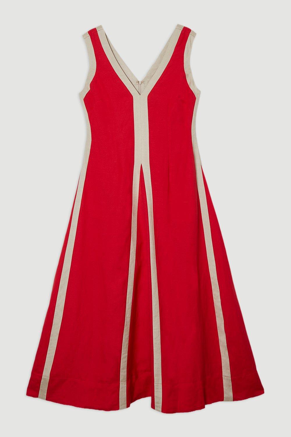 KAREN MILLEN Contrast Linen Plunge Neck Woven Maxi Dress in Red | endource