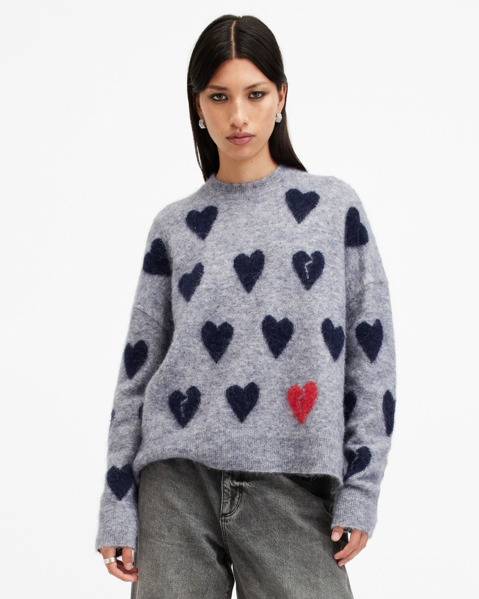 ALLSAINTS Amora Love Heart Jacquard Brushed Jumper in GREY MARL/INK ...