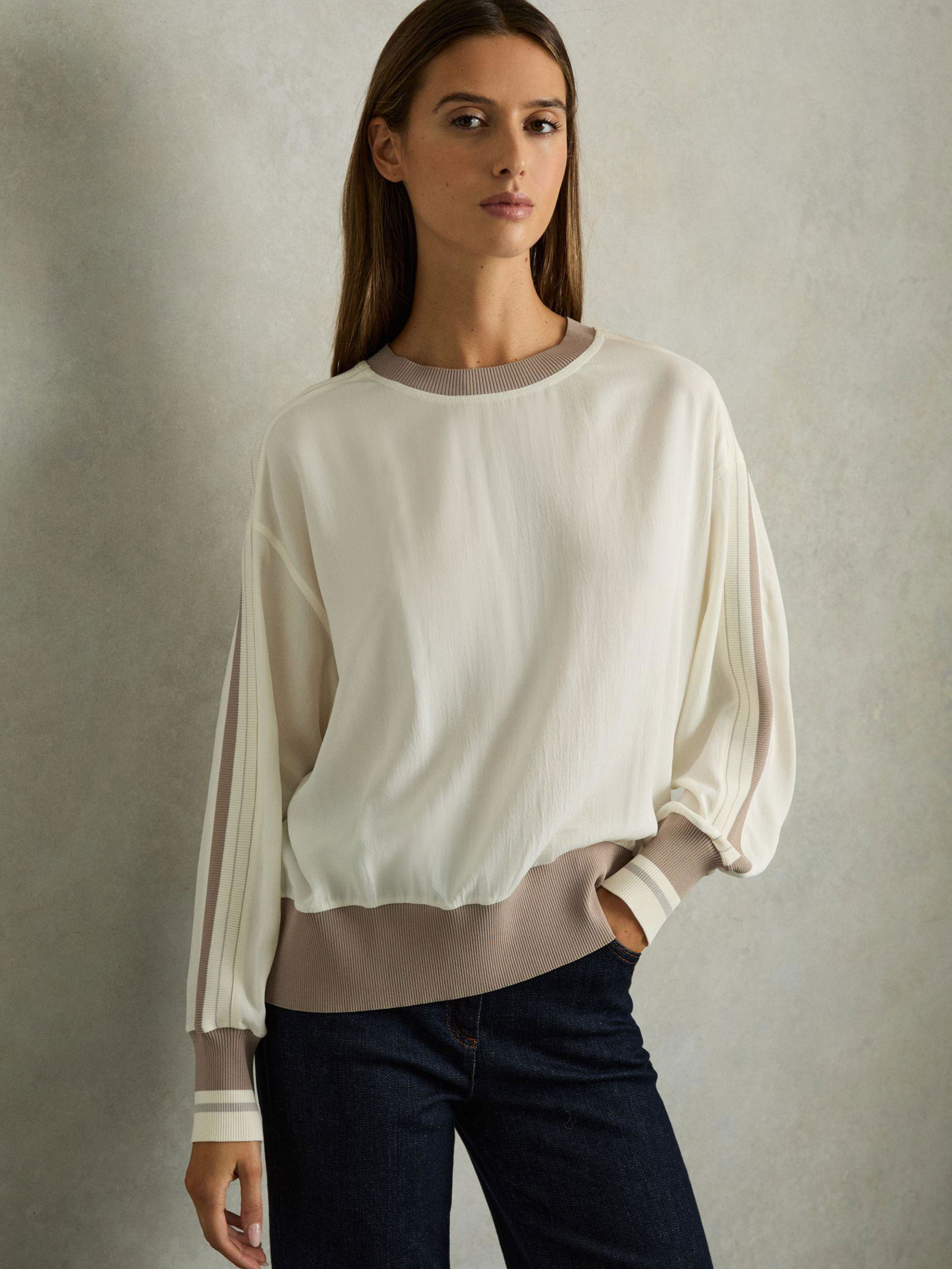 REISS Lyocell Woven Contrast-Trim Top in Neutral | endource