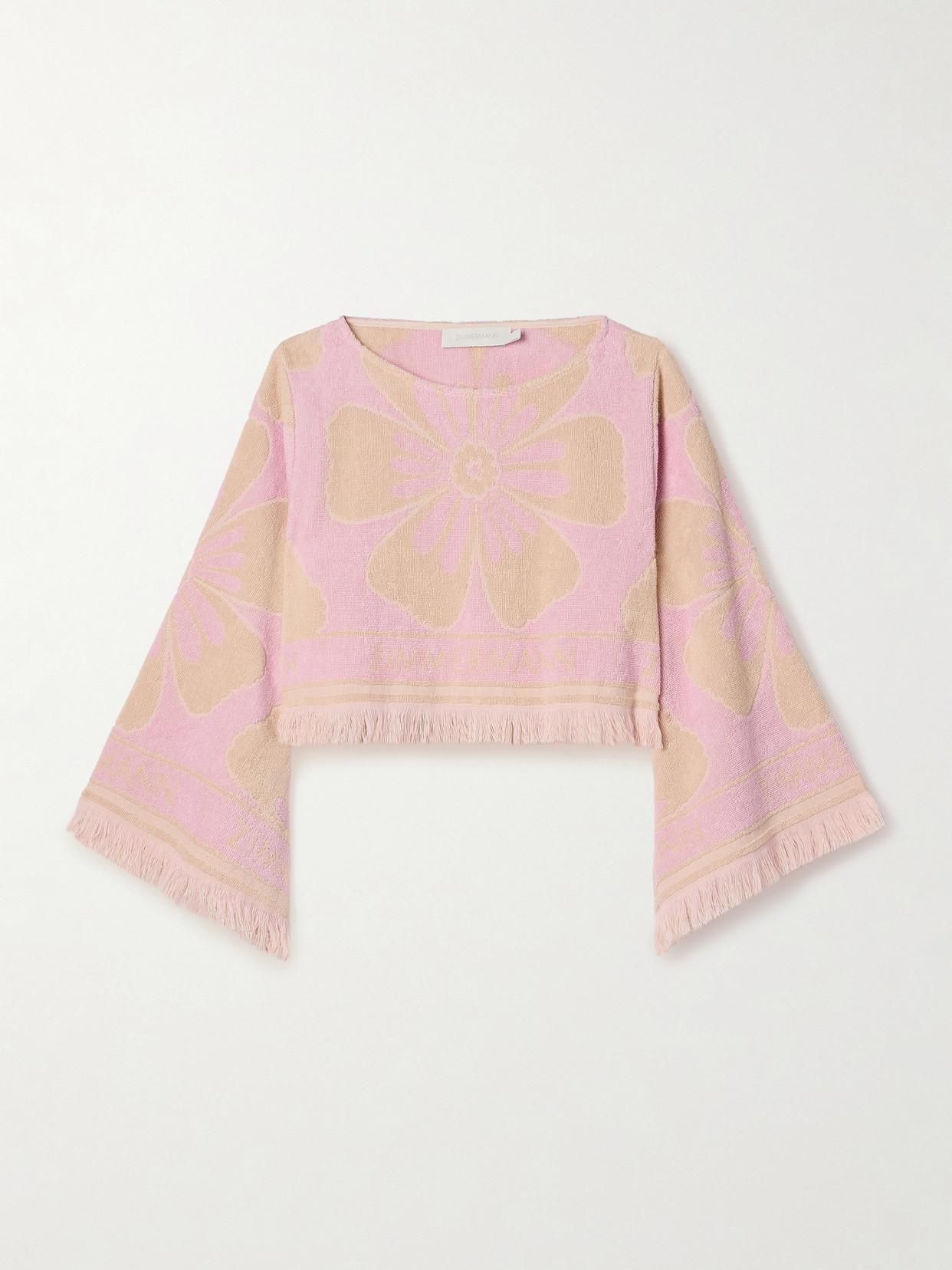 ZIMMERMANN Pop Fringed Cropped Cotton-Terry Jacquard Top in Pink | endource