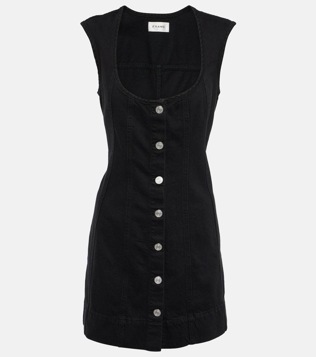 FRAME The Seamed Scoop Denim Minidress in Black | endource