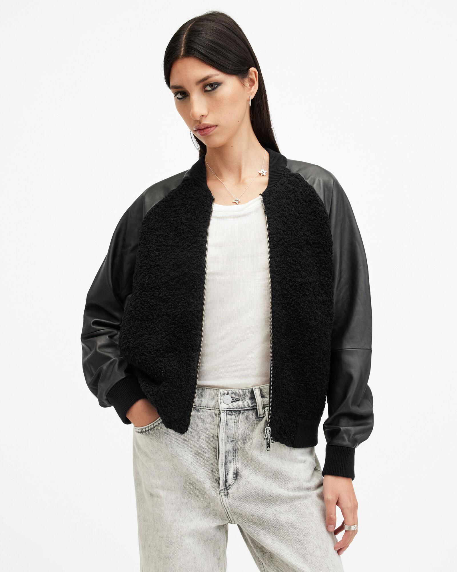 ALLSAINTS Renata Leather Sleeve Bomber Cardigan in Black | endource