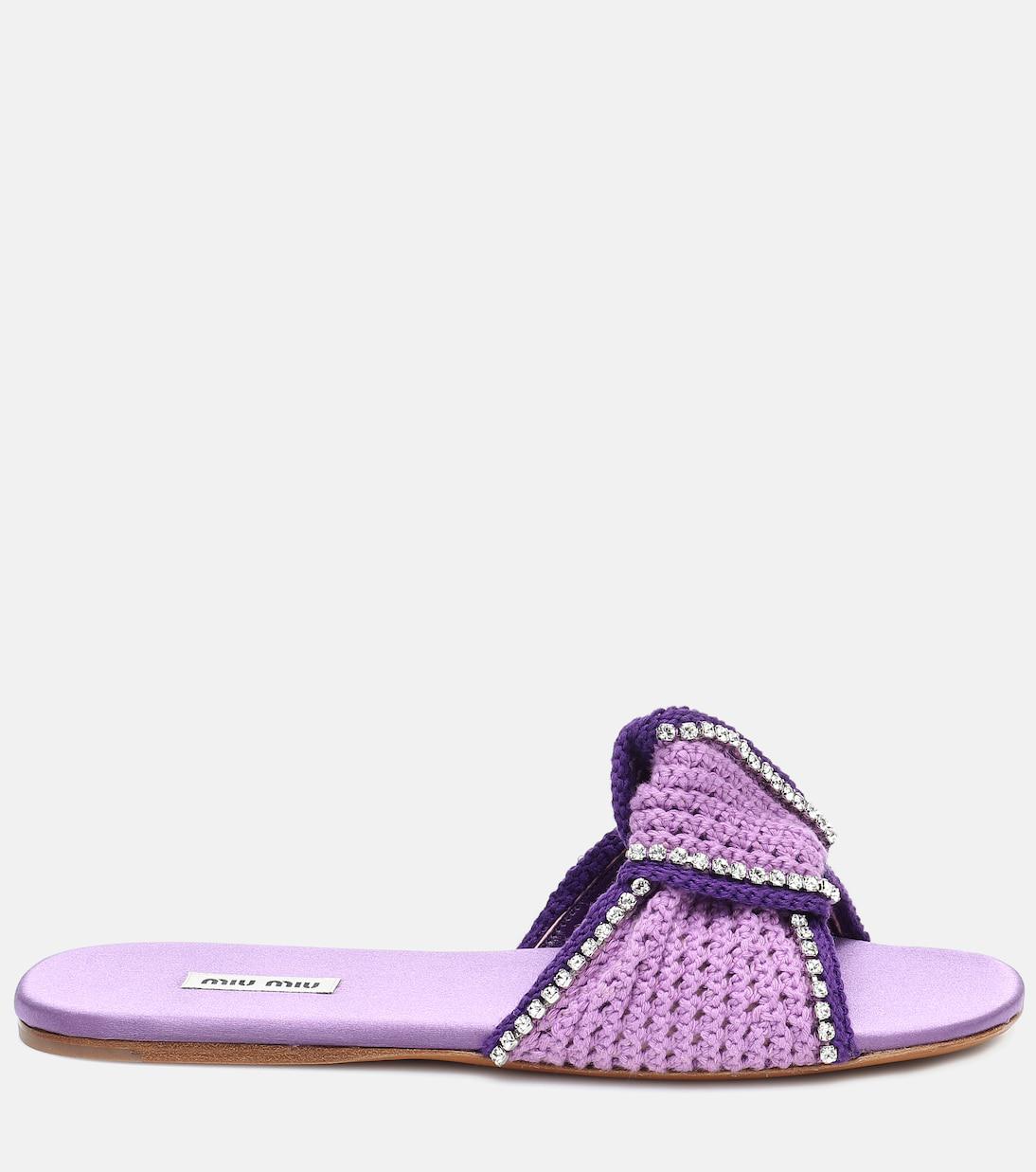 MIU MIU Embellished Crochet Slides in Purple | endource