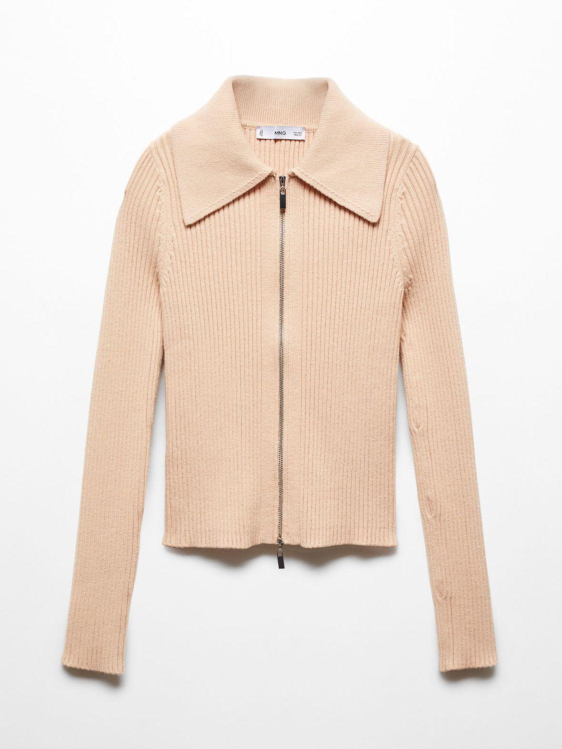 MANGO Pinton Rib Knit Zip Front Cardigan in Beige | endource