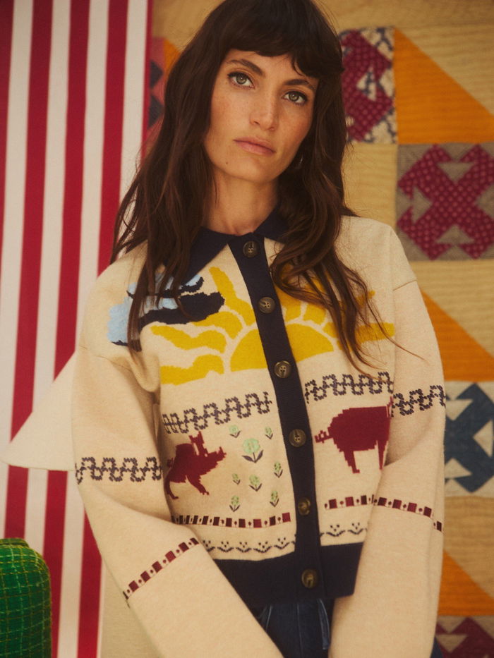 OLIVER BONAS Cream Farmyard Collared Button Up Knitted Cardigan | endource