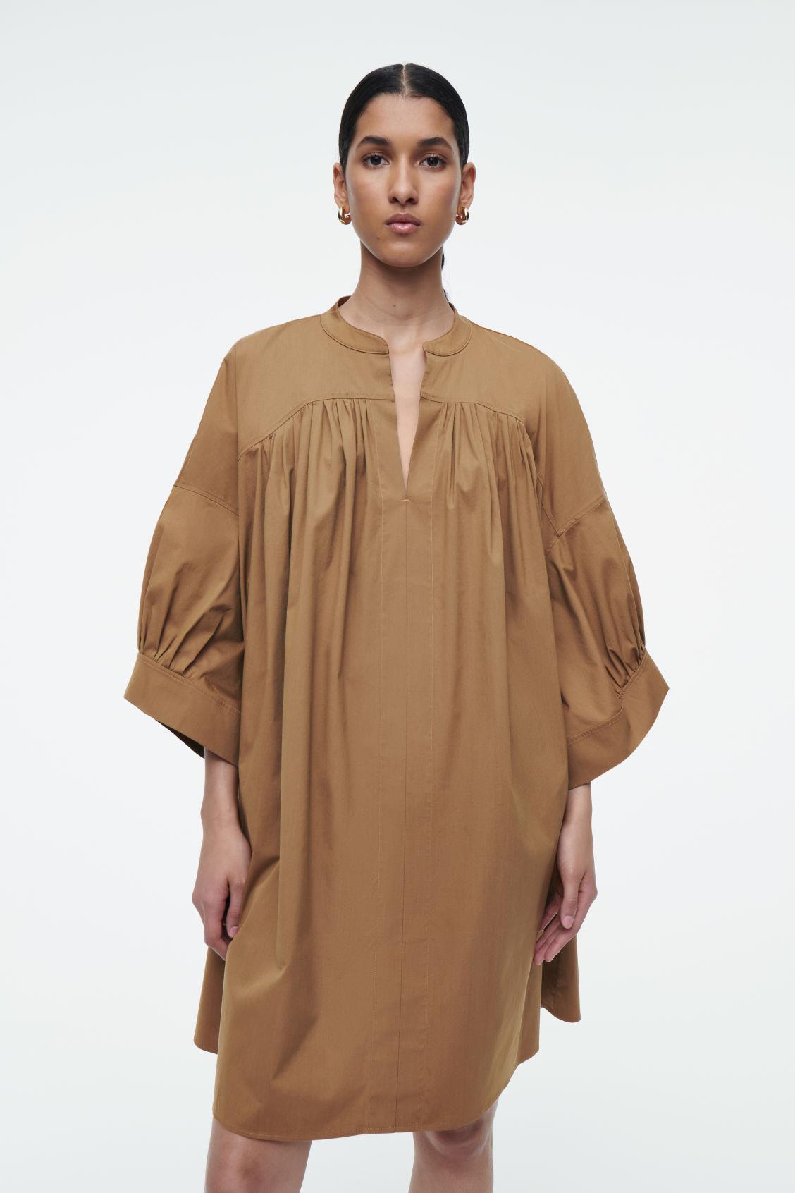 COS Pleated Mini Tunic Dress in LIGHT BROWN | endource