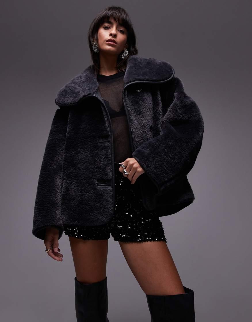 ARKET Oversized Faux Shearling Jacket With Funnel Neck And Contrast ...