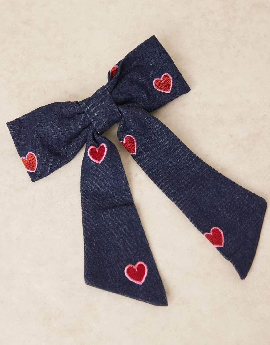 SISTER JANE Heart Embroidered Denim Hair Bow in Blue Denim | endource