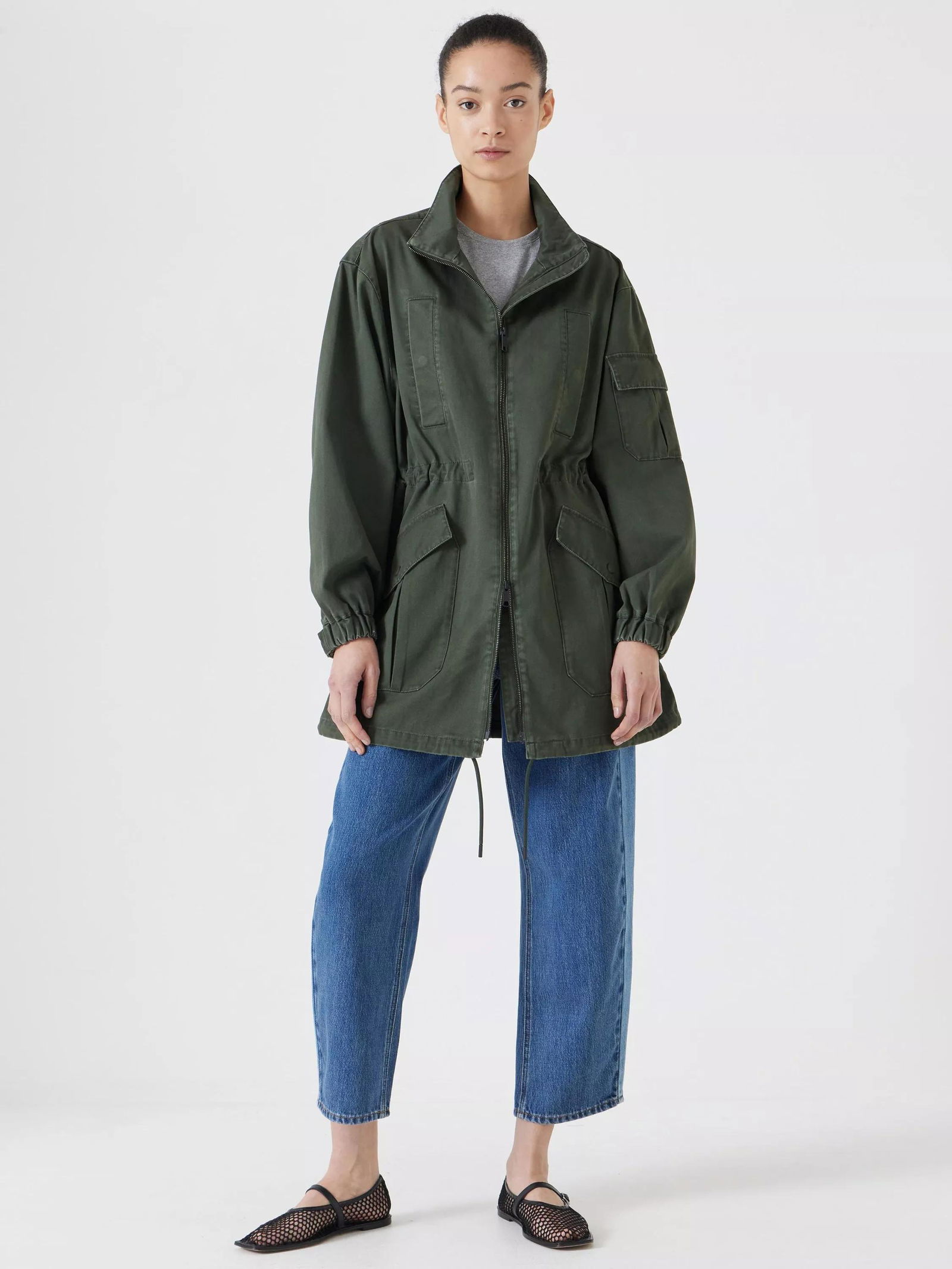 HUSH Utility Cotton Parka Jacket in Dark Khaki Green | endource