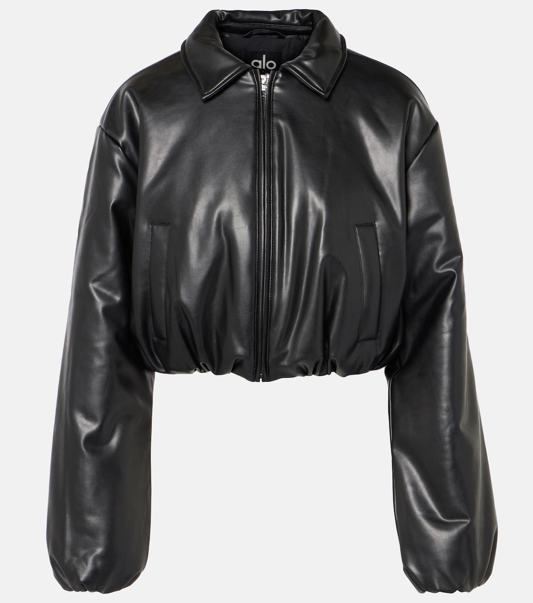 ALO YOGA Premier Faux Leather Bomber Jacket in Black | endource