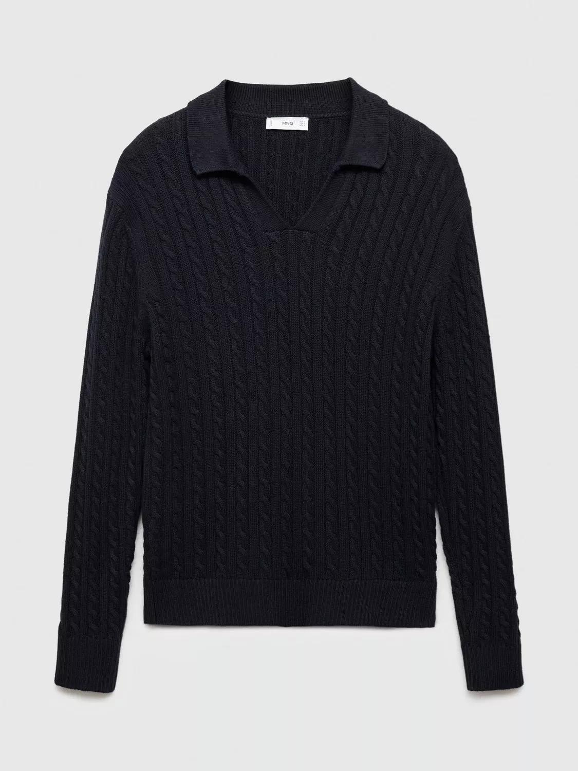 MANGO Half Braided Knitted Polo Jumper in Navy | endource