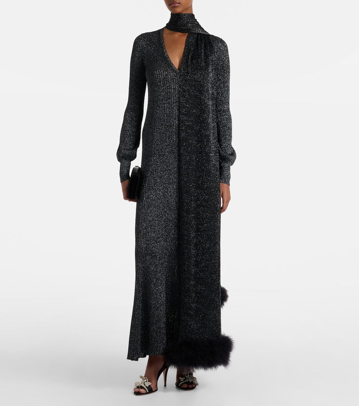 Valentino Feather-trimmed Lamé Maxi Dress | endource