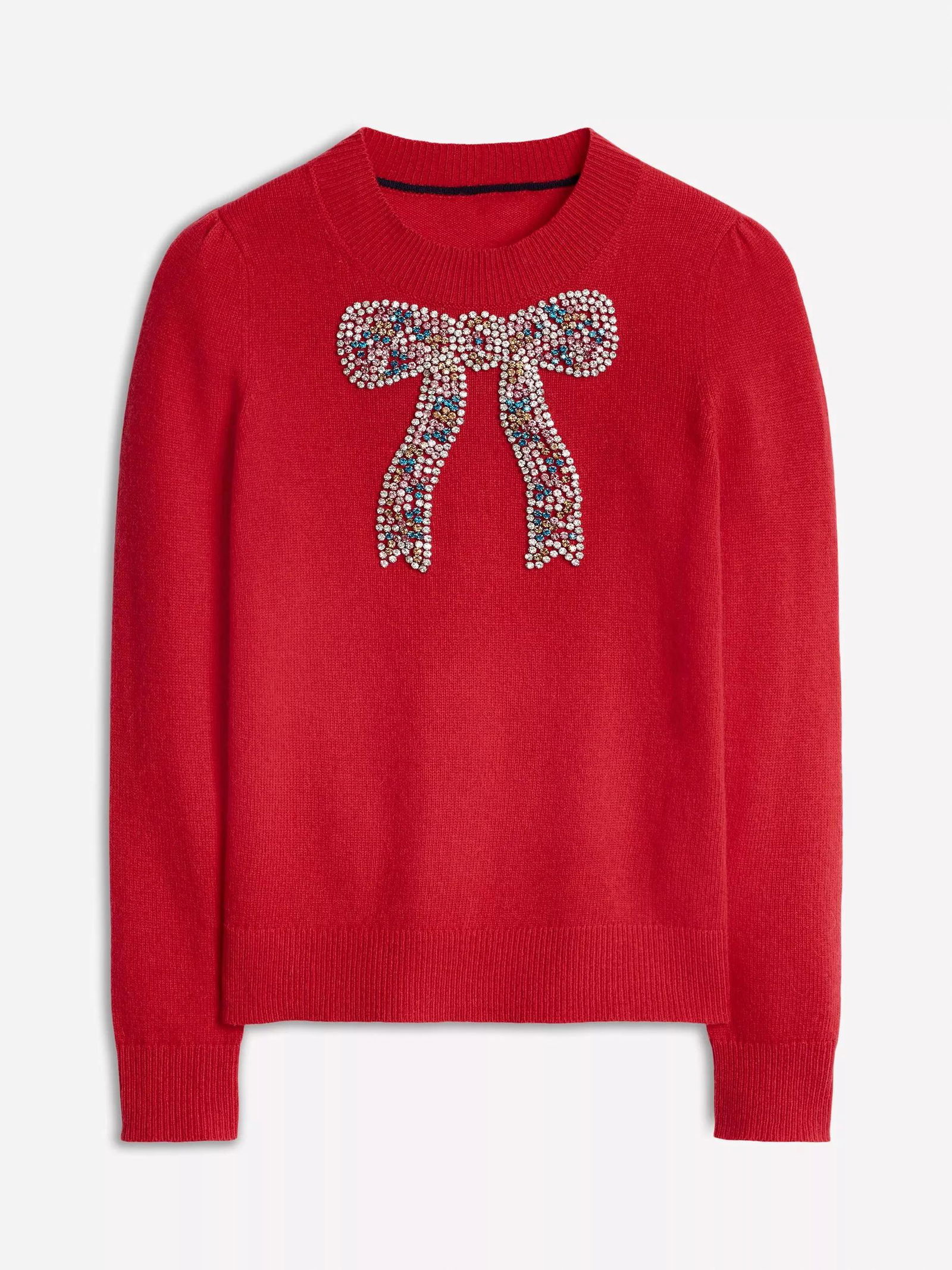 BODEN Fenella Bow Embellished Jumper in Rouge Red | endource
