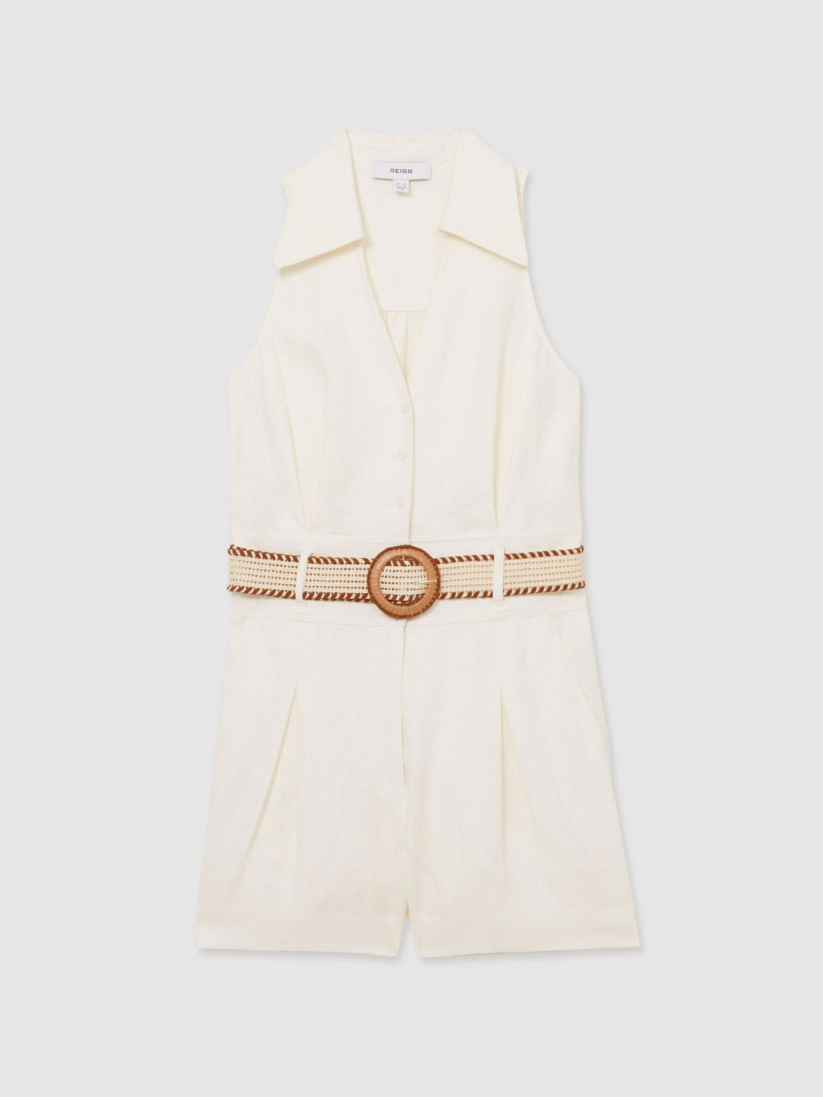REISS Anjie 100% Linen Collar Playsuit in Cream | endource