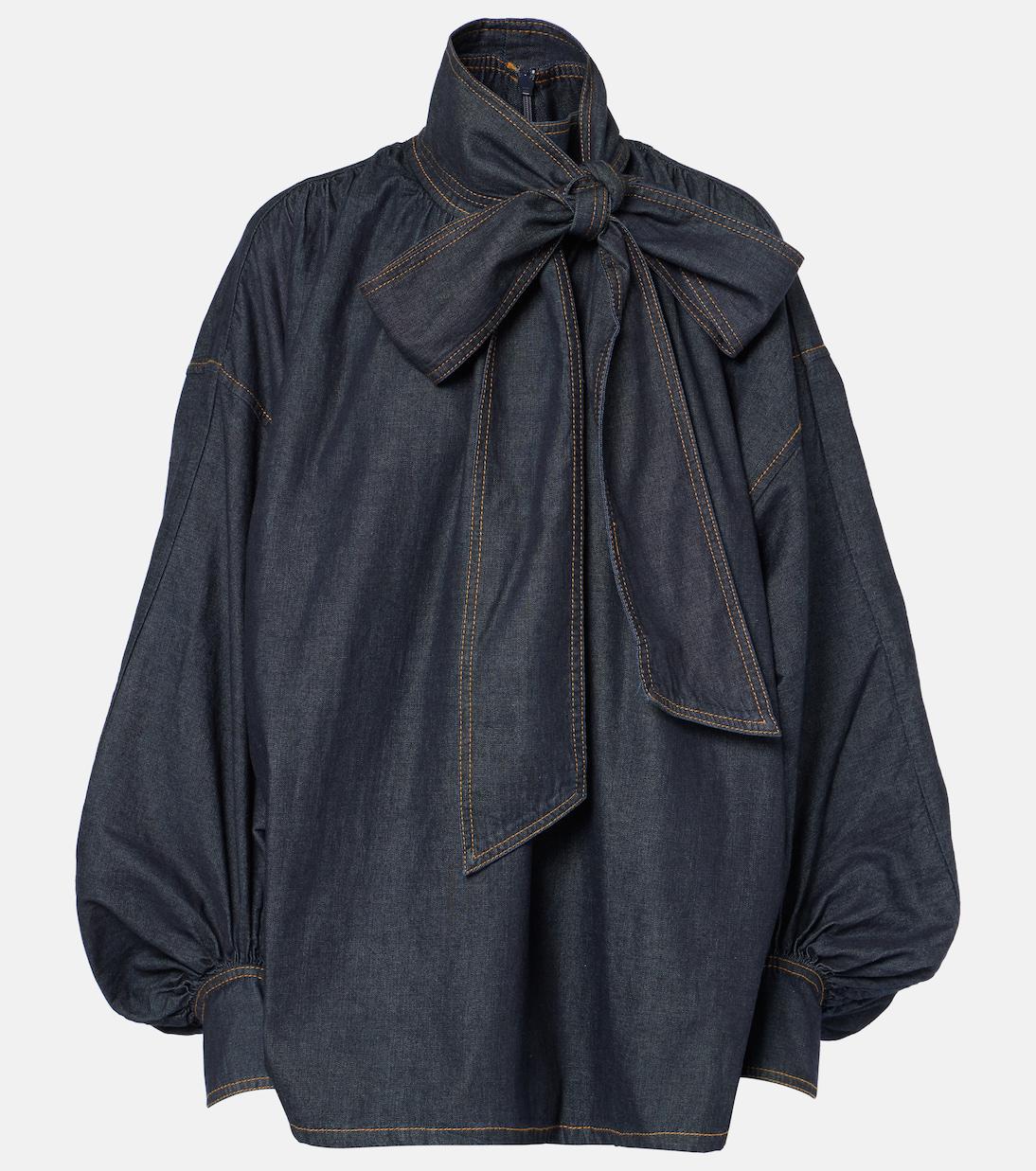 ZIMMERMANN Illustration Tie-Neck Denim Blouse in Blue | endource